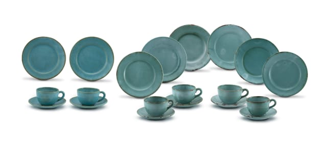 A set of two Linn Ware turquoise-glazed cake plates, breakfast cups and ...