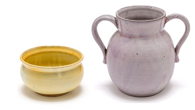 A Linn Ware apricot-coloured glazed bowl the rounded body with inverted ...