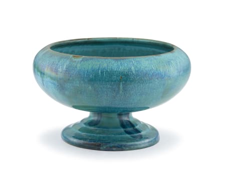 A Linn Ware mottled sea green-and-blue-glazed pedestal dish, unmarked ...