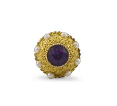 Gilt-metal and faux 'Amethyst' and pearl hat pin | Strauss & Co