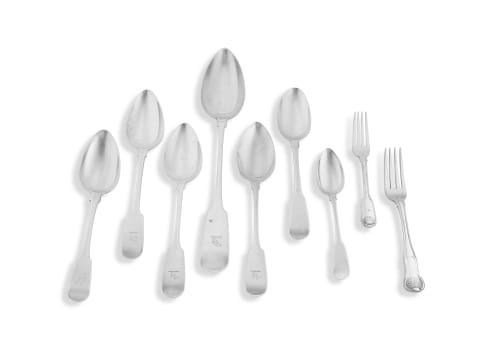 Five George IV silver 'Fiddle' pattern dinner spoons, William Bateman ...