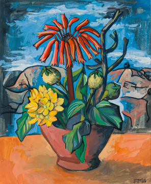 Still Life With Indigenous Flowers and Rocky Landscape by Peter Clarke ...