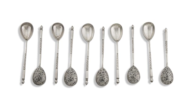 A set of ten Russian silver and niello spoons, '84' Kiev, unknown maker ...
