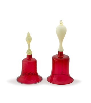A Victorian cranberry and lemon-yellow vaseline glass bell the ...