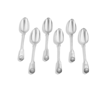 Six Victorian silver 'Fiddle and Shell’ pattern spoons, George William ...
