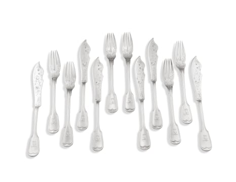 A set of six German silver fish knives and forks, Vereinigte ...