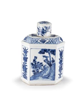 A Chinese blue and white Kangxi-style octagonal flask and cover, Qing ...
