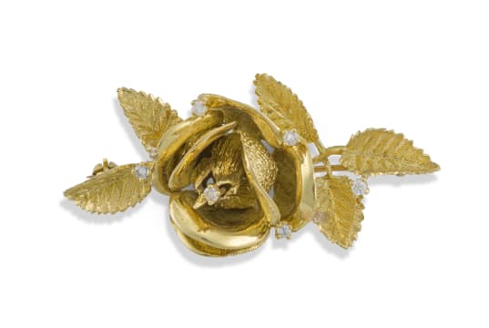 18k yellow gold and diamond rose brooch | Strauss & Co