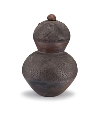 Pit-fired earthenware double gourd pot with a stopper by Buzephi ...