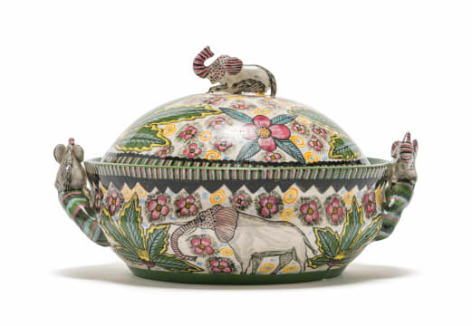 Casserole dish with elephants and floral motif by Ardmore Ceramic ...