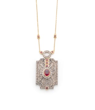 18k two-tone diamond and ruby necklace rectangular pendant centered ...