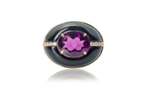 14k yellow gold onyx and garnet ring | Strauss & Co