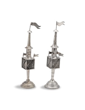 A near pair of sterling silver Judaica spice towers, unmarked each with ...