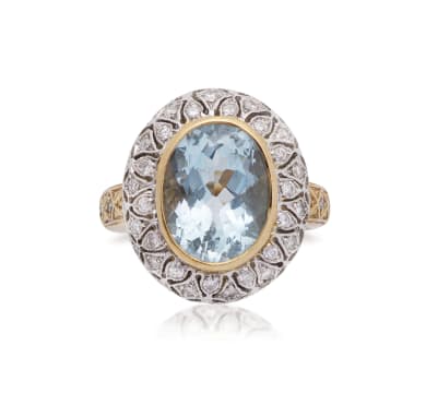17k two-tone gold aquamarine and diamond ring | Strauss & Co