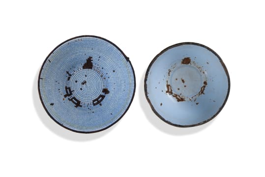 Blue Tintsaba basket and enamelware bowl, two by Gcebile Mamba ...