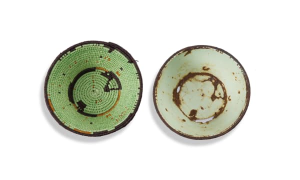 Green Tintsaba basket and enamelware bowl, two by Lucy Makhabane ...