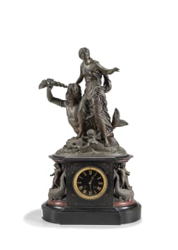 A French spelter figural mantel clock, after Rancoulet, 19th century ...