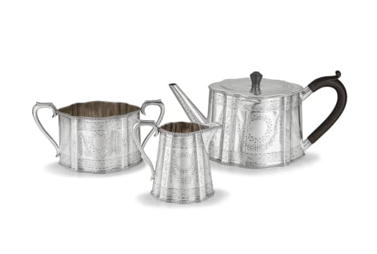 A Victorian silver three-piece tea set, S Smith & Son, London, 1869 ...
