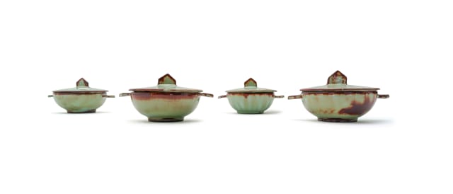 Lidded soup bowls, four by Linn Ware/Ceramic Studio | Strauss & Co