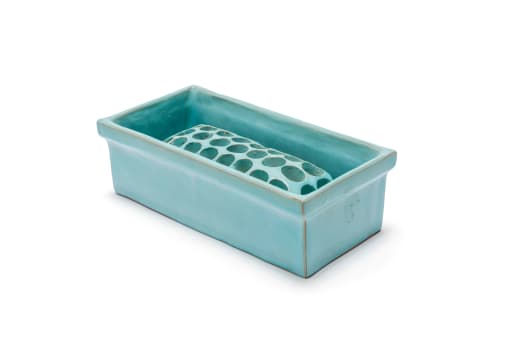 Blue rectangular trough pot with flower frog by Linn Ware | Strauss & Co