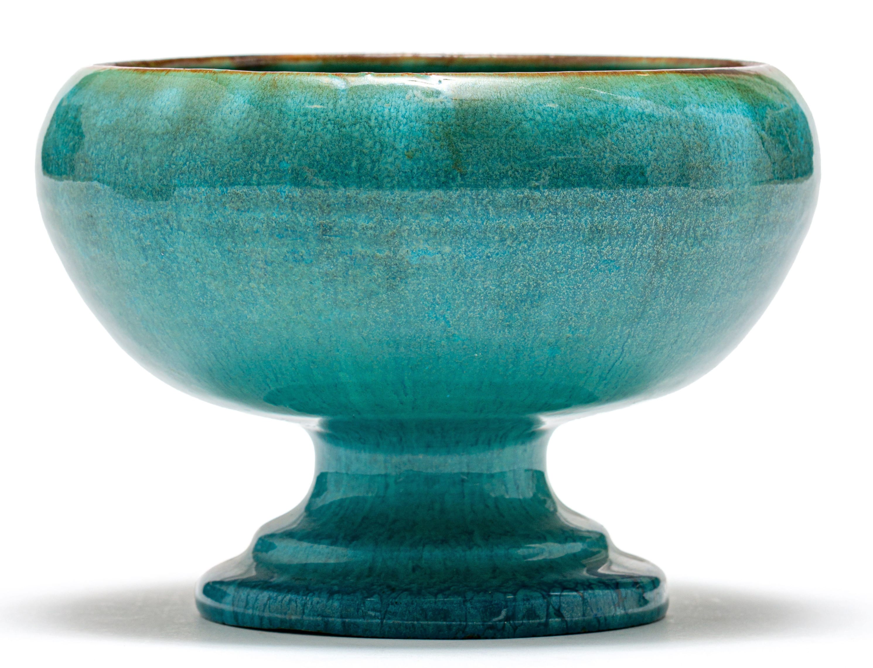 A Linn Ware turquoise and dark blue-glazed pedestal vase circular ...
