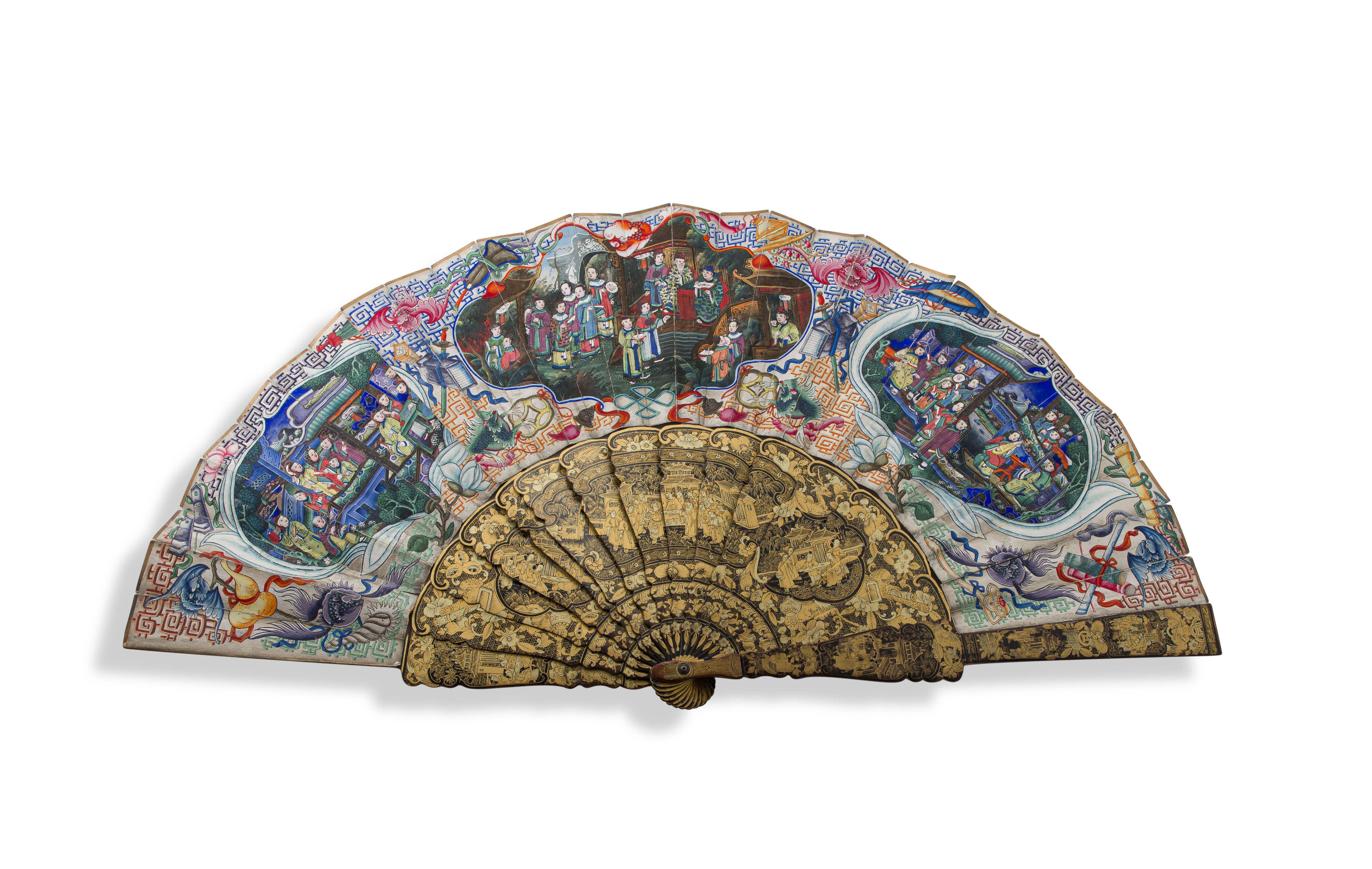 A Chinese Canton painted and lacquered paper fan, Qing Dynasty, 19th ...