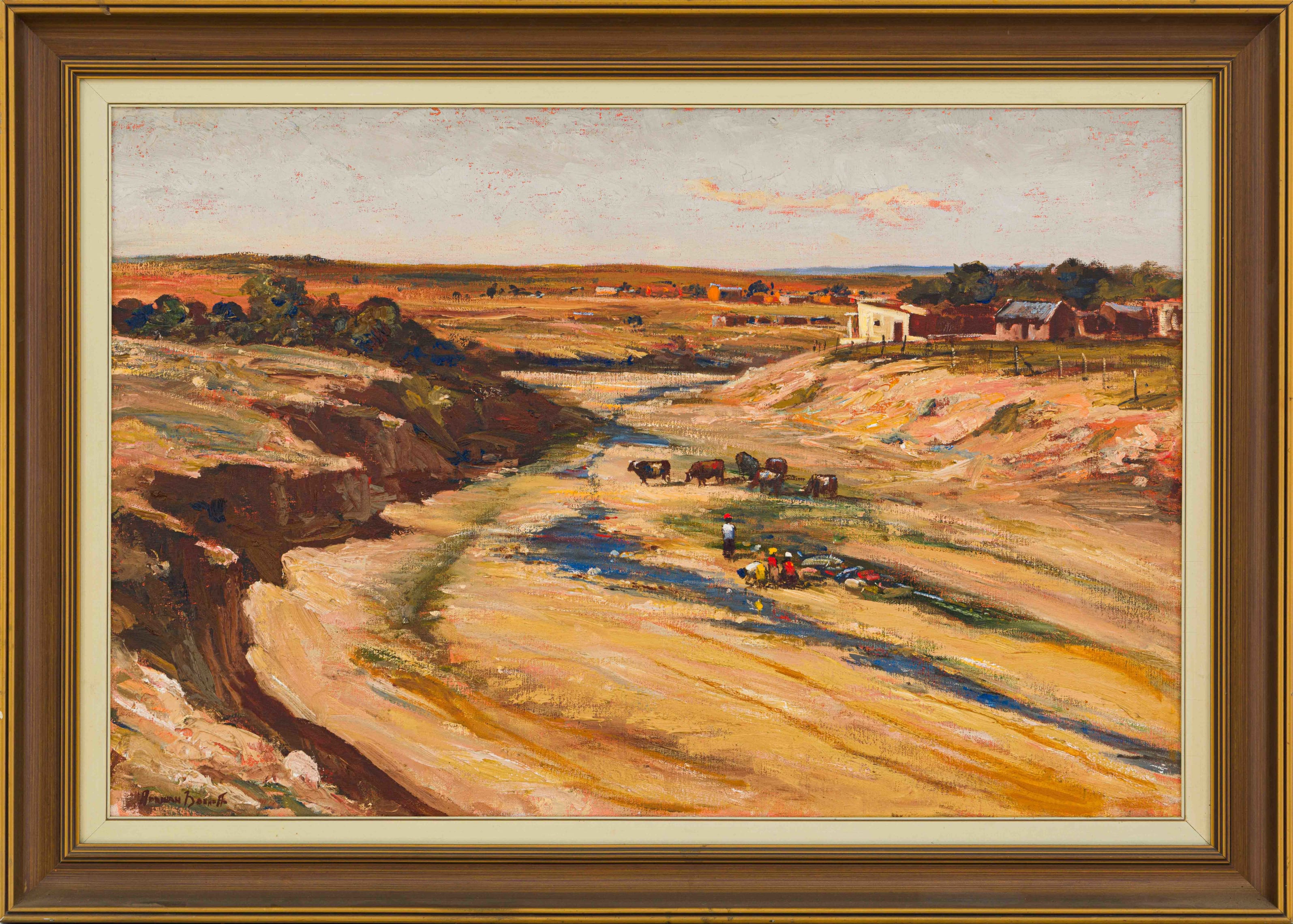 Figures and Cattle in the Riverbed by Adriaan Boshoff | Strauss & Co