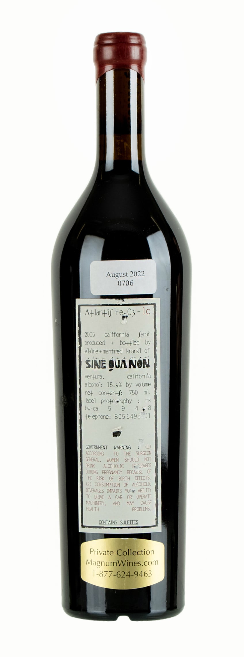 2005 Atlantis Fe203-1b California Syrah 1 (1 x 1) 750ml by Sine Qua Non ...