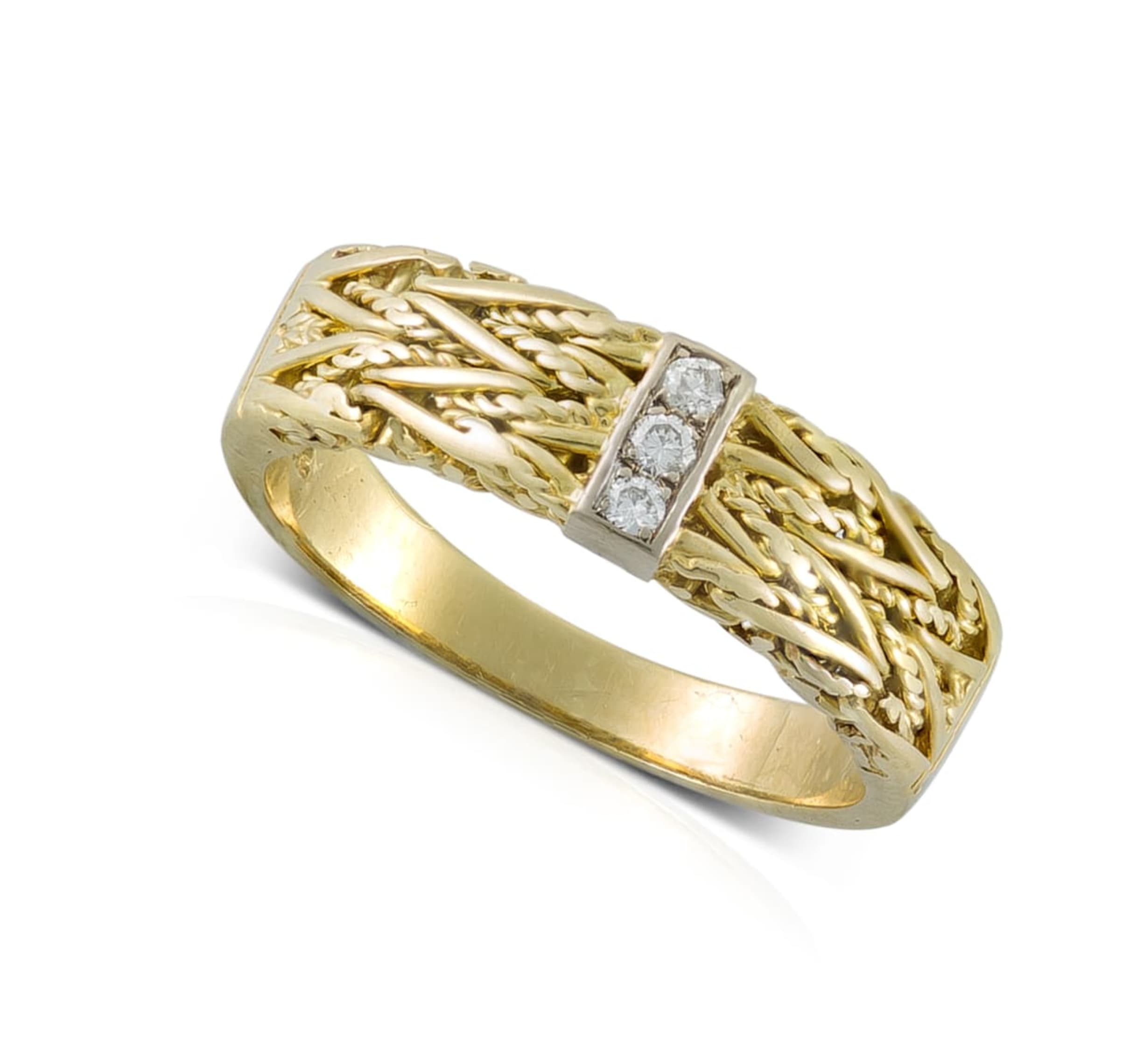 18k yellow gold weave ring with a weave texture and three vertically ...