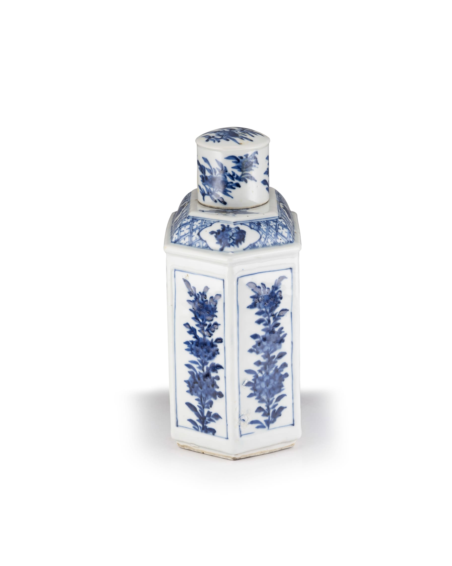 A Chinese blue and white Kangxi-style octagonal flask and cover, Qing ...