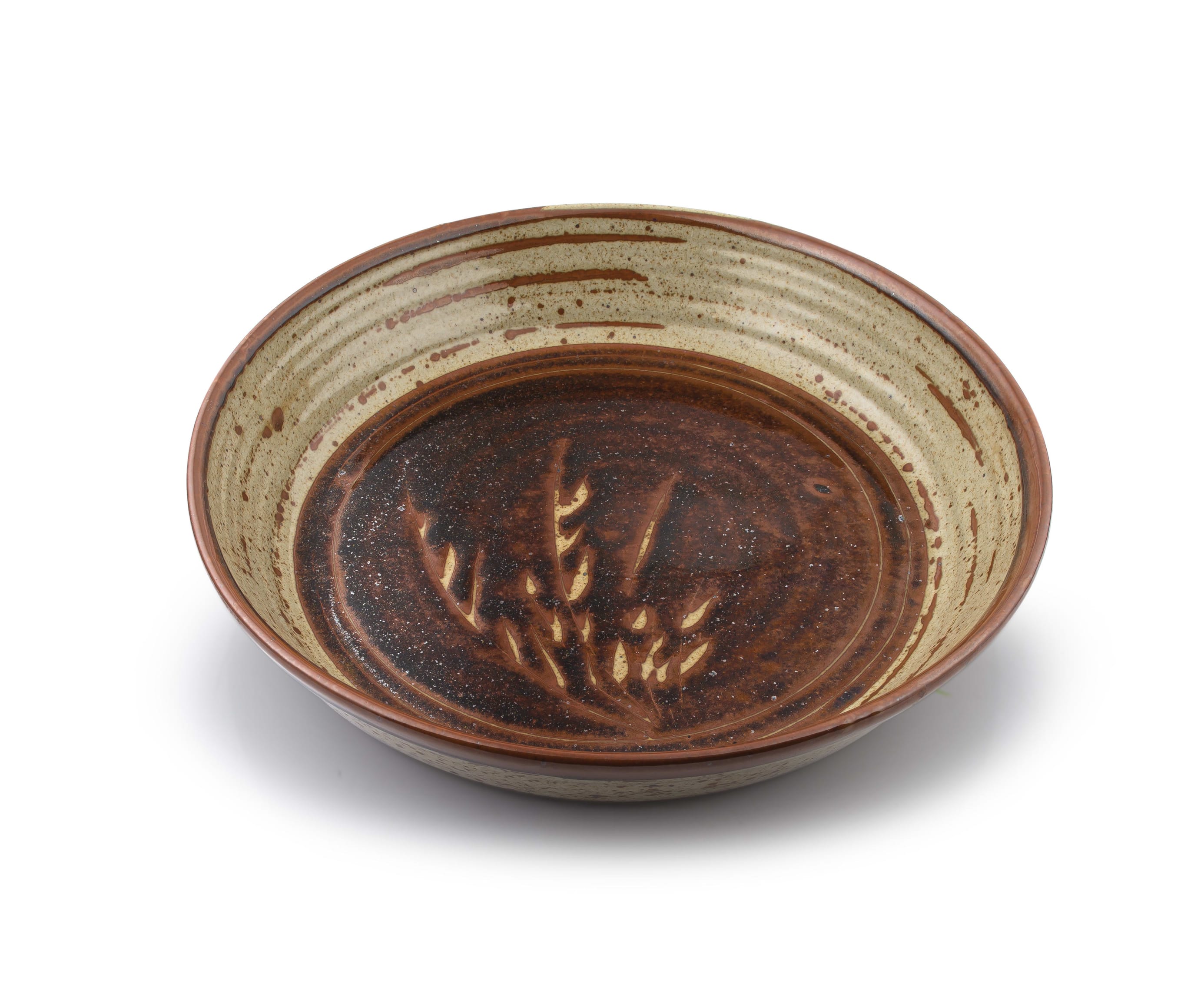 Brown-glazed stoneware dish with a wildgrass motif by Hyme Rabinowitz ...