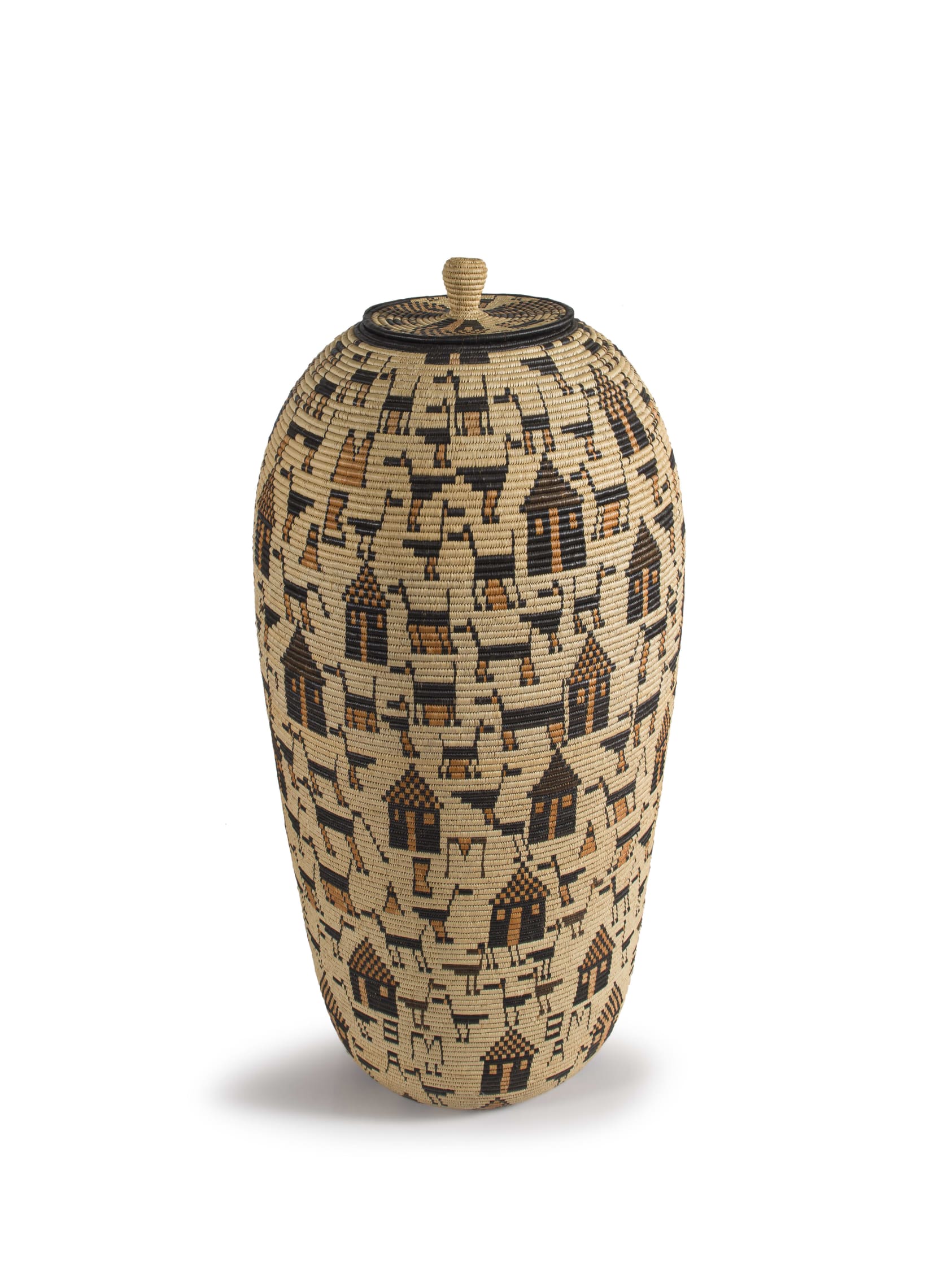 A large Zulu ilala palm and ukhasi grass fibre basket and cover by ...