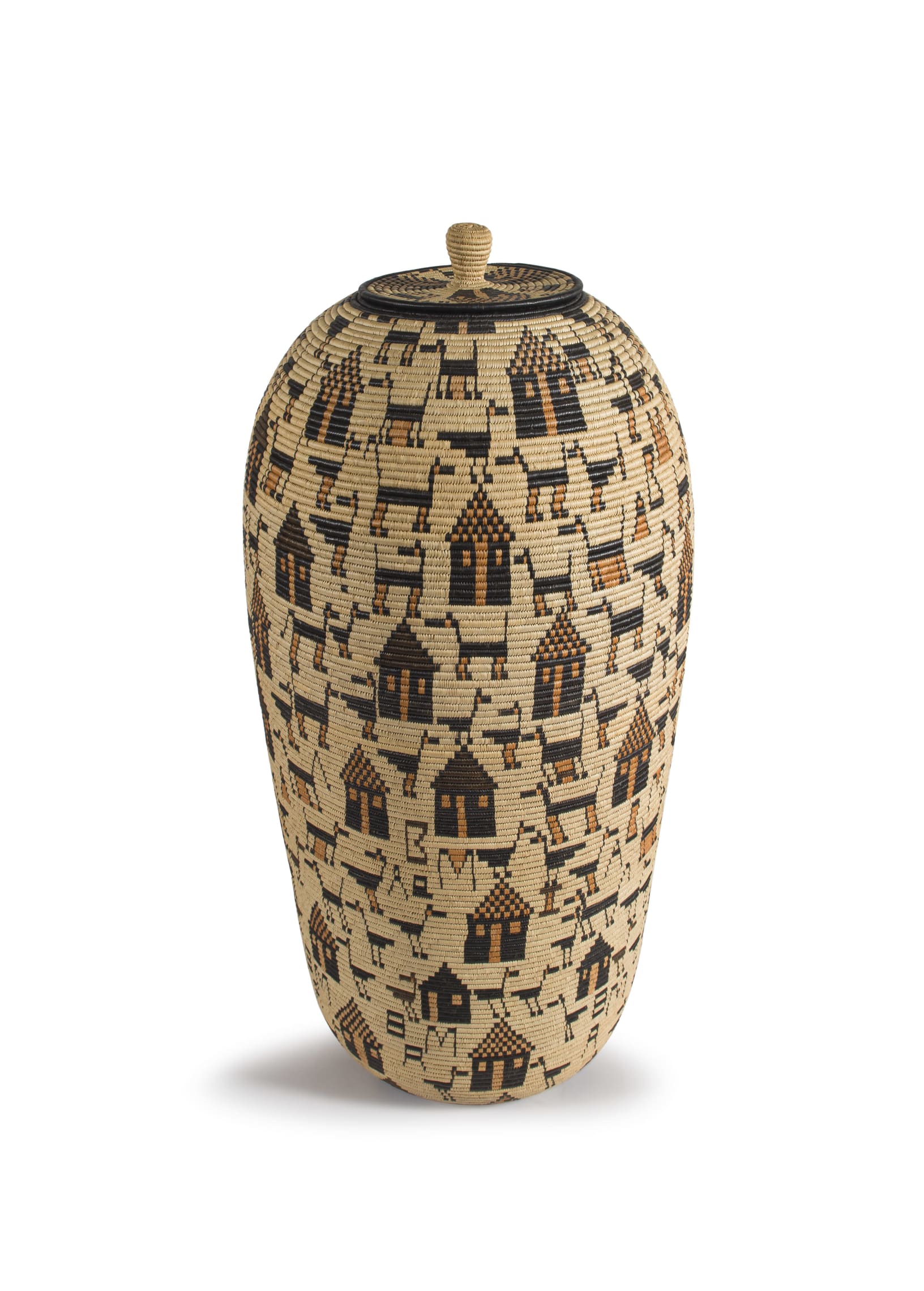 A large Zulu ilala palm and ukhasi grass fibre basket and cover by ...