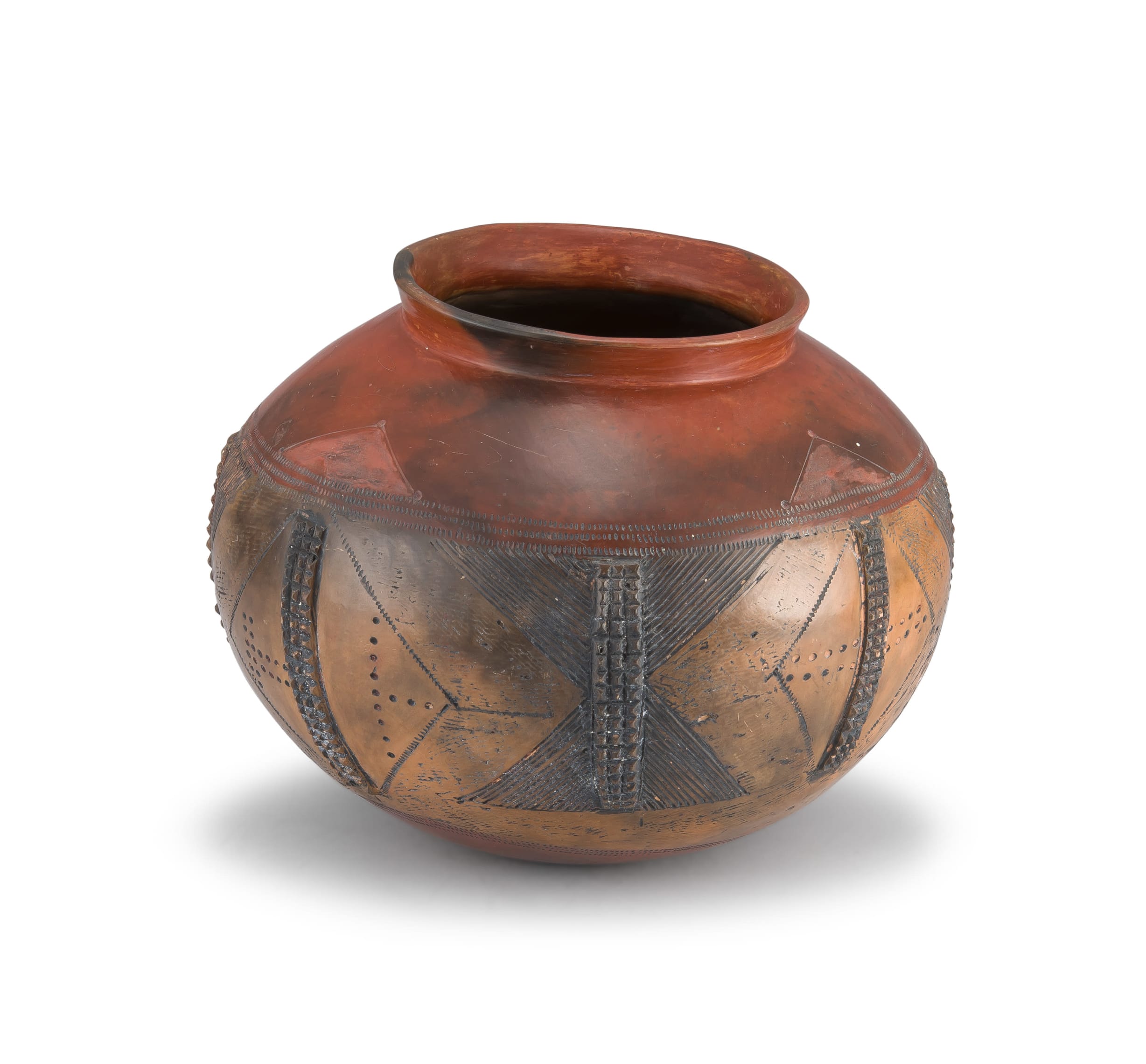Smoke- and kiln-fired red ochre and earthenware pot with relief and ...