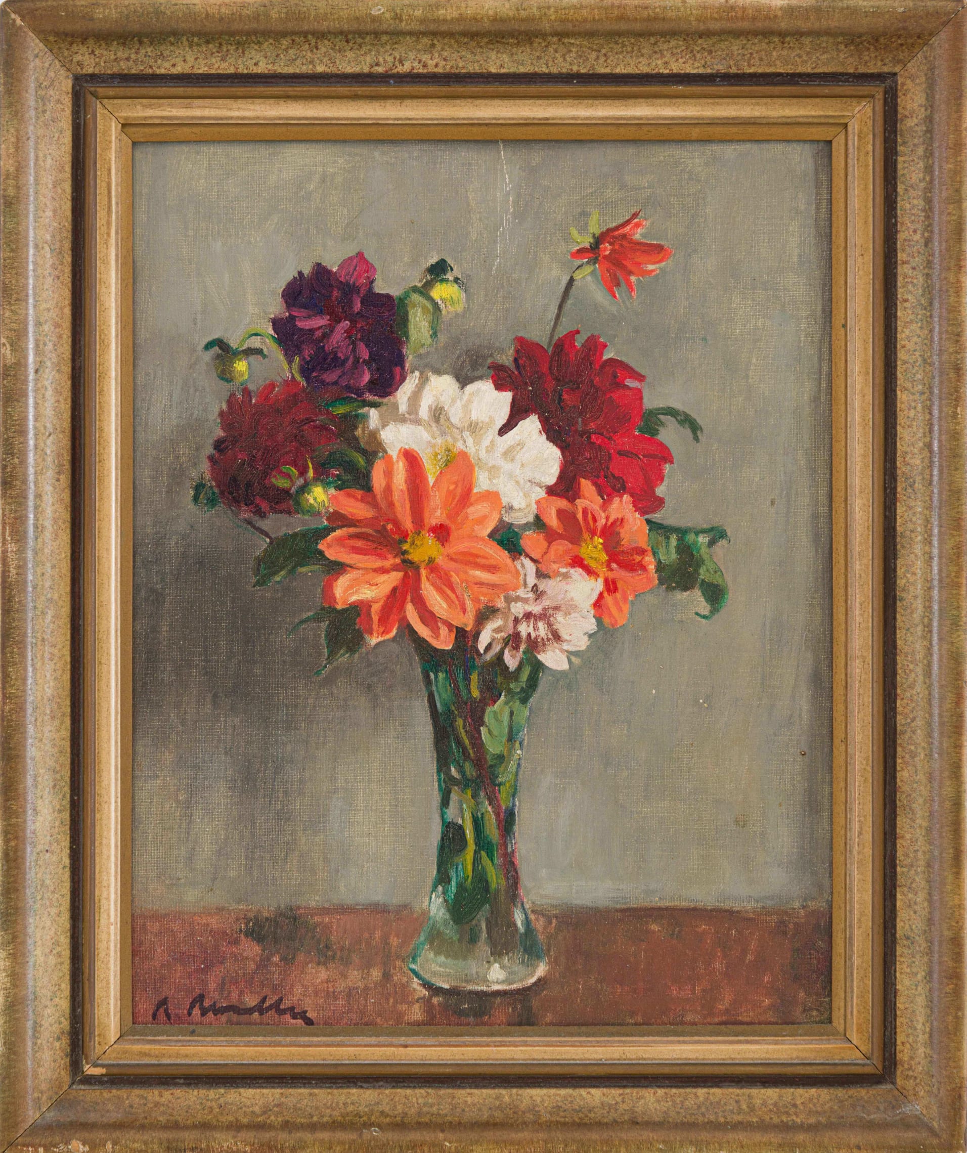 Red and Orange Dahlias in a Tall Vase by Robert Broadley | Strauss & Co