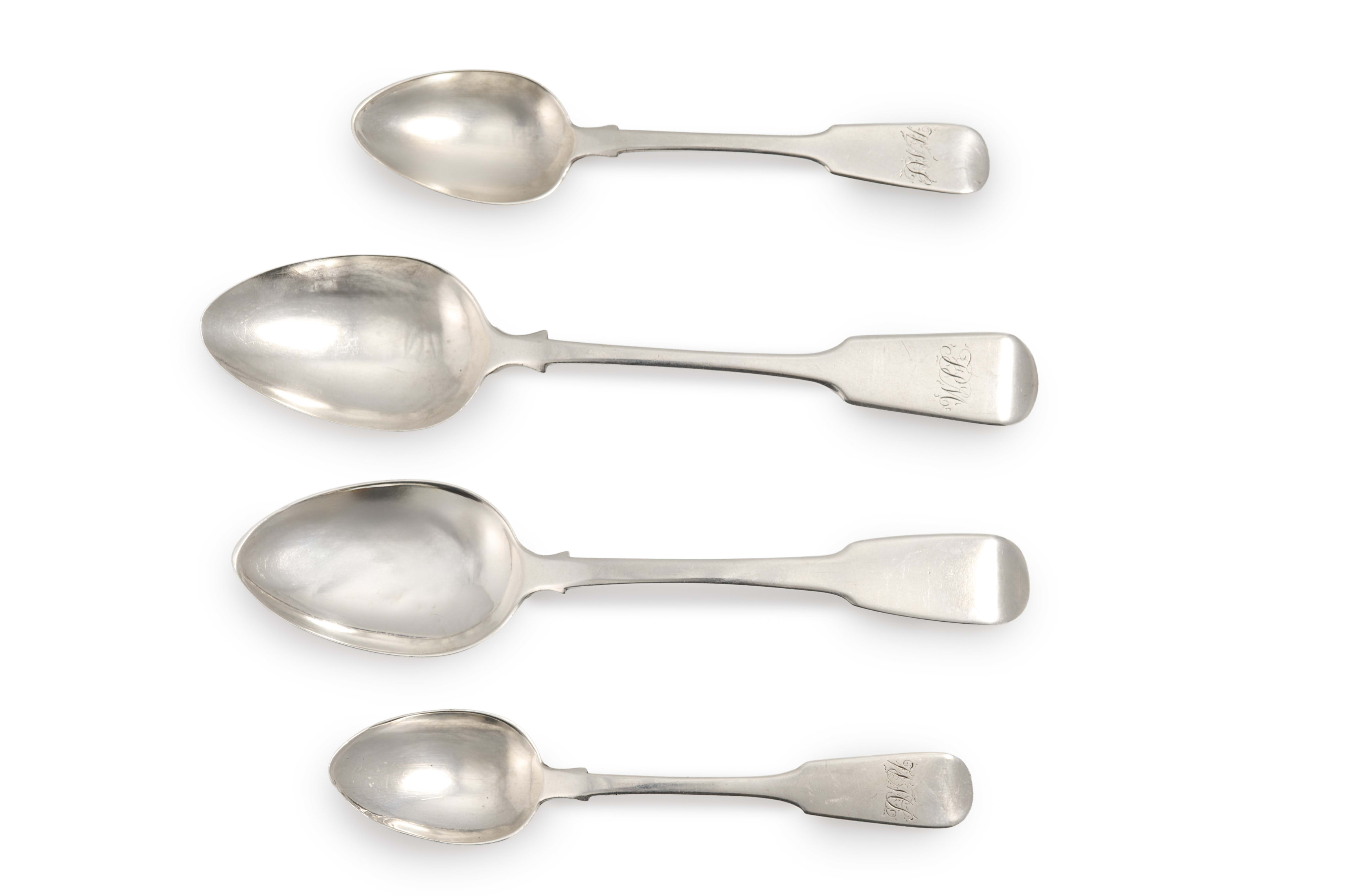 Four Cape fiddle pattern silver tablespoons, in sizes, Lawrence Holme ...