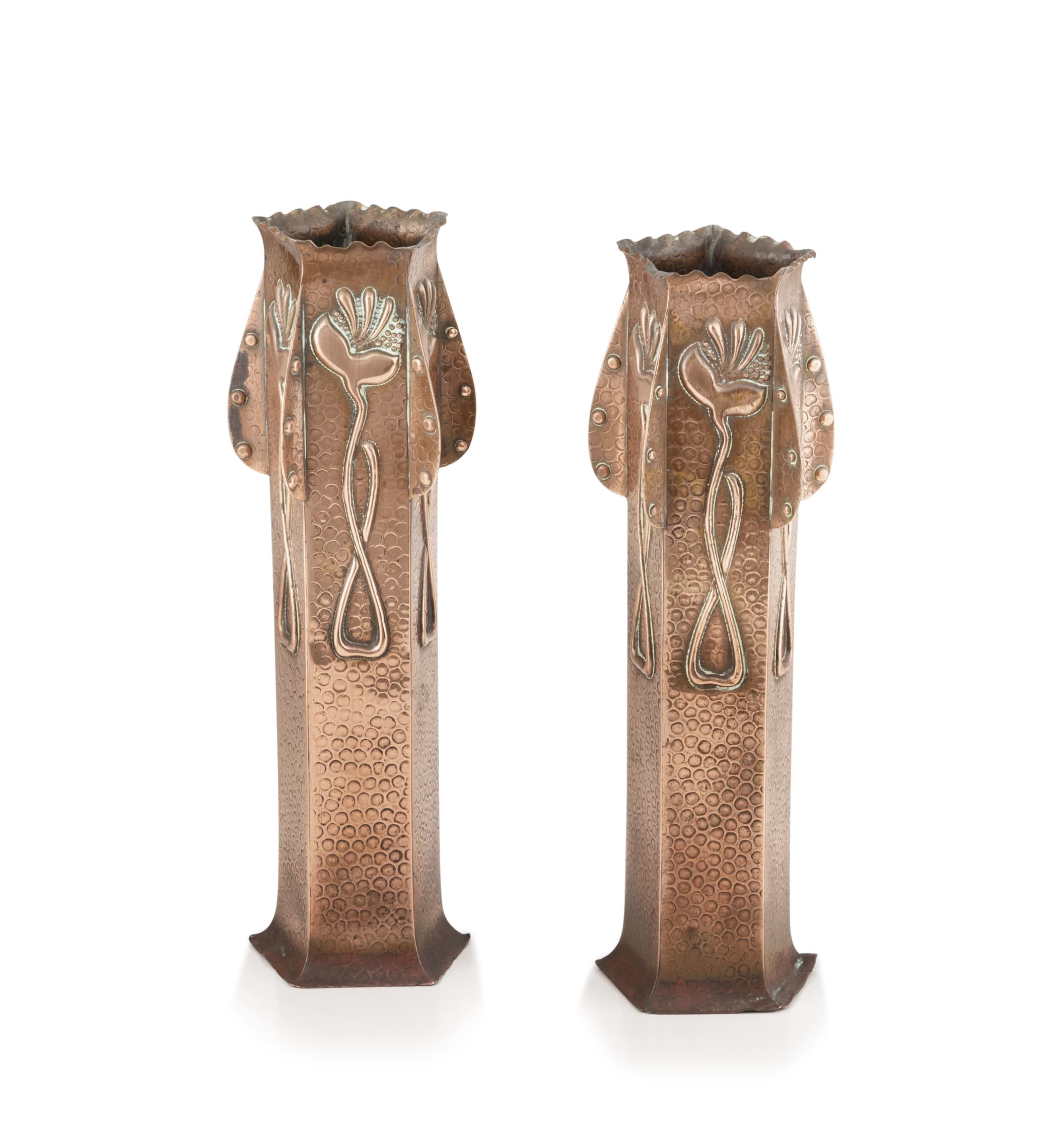 A pair of J.F. Pool Hayle Art Nouveau copper vases, 20th century ...