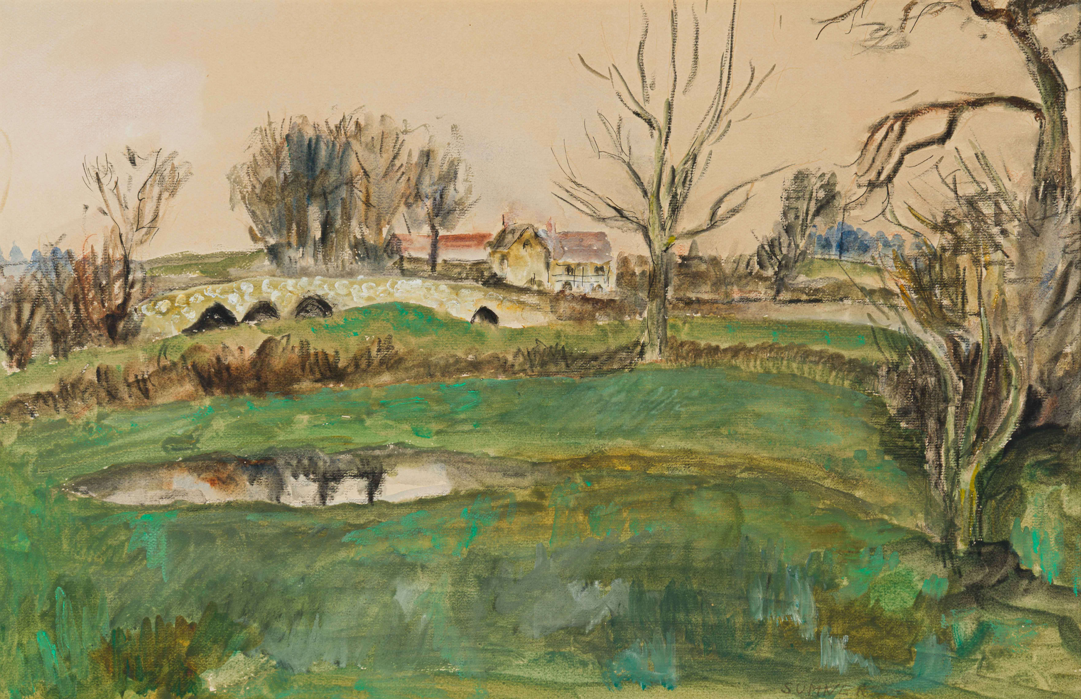 Green Field with Distant Buildings by Maud Sumner | Strauss & Co