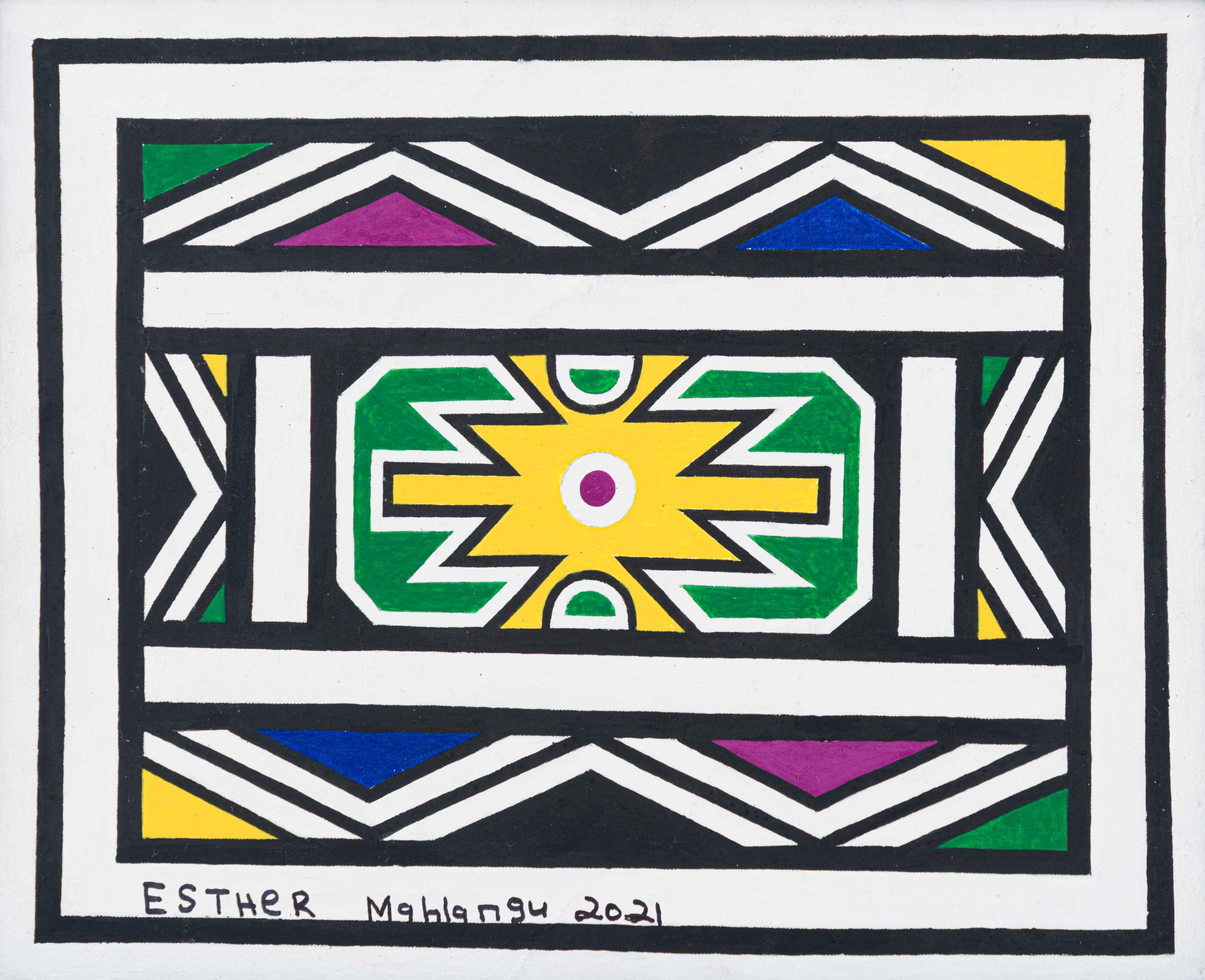 Ndebele Pattern in Yellow and Green by Esther Mahlangu | Strauss & Co