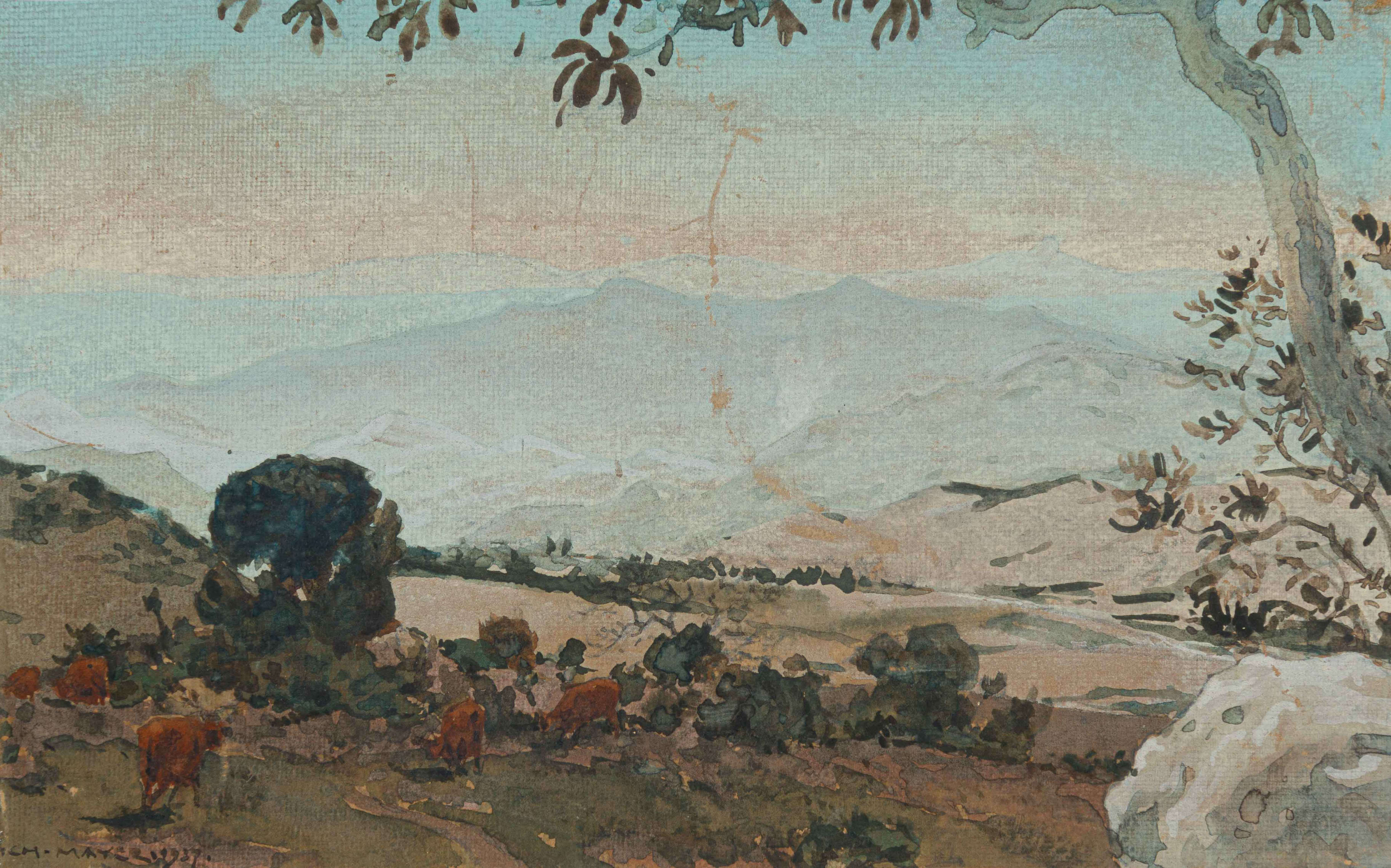 Landscape with Mountains and Cattle by Erich Mayer | Strauss & Co