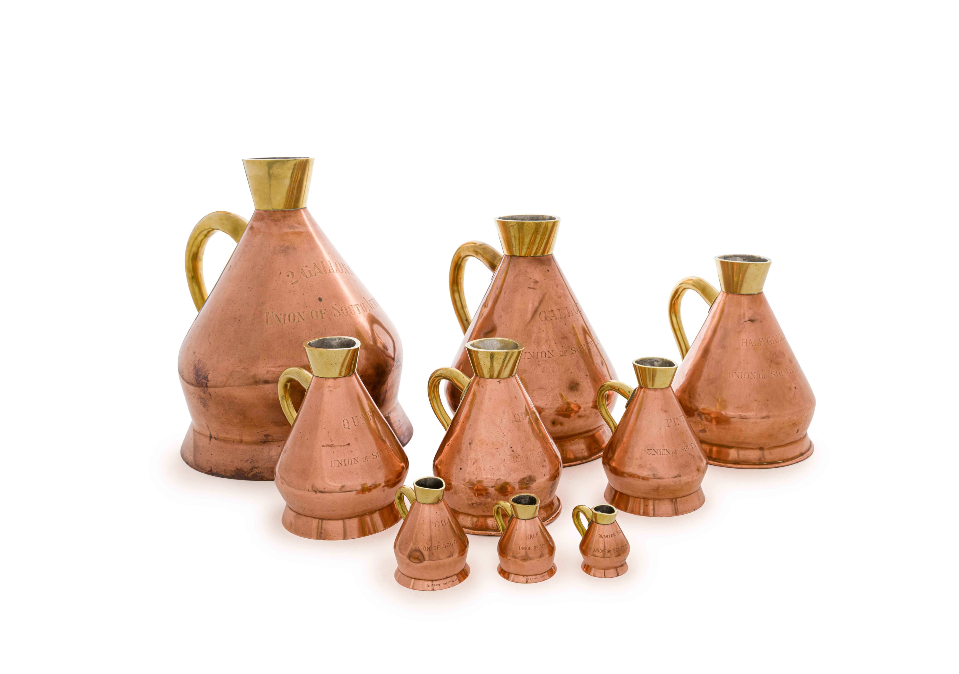 A set of nine copper and brass graduated Haystack measures, De Grave ...