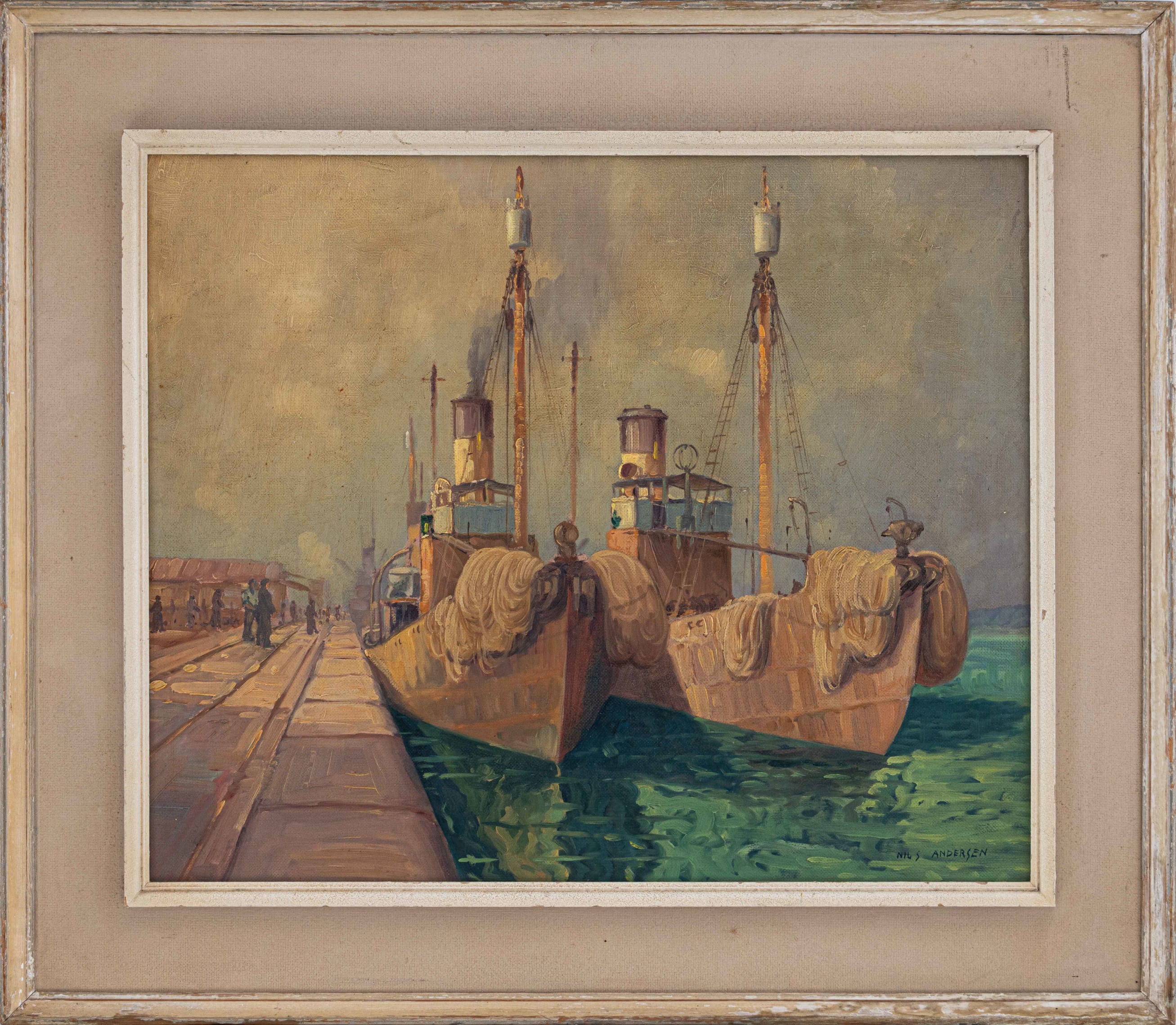 Boats and Figures alongside a Harbour by Nils Andersen | Strauss & Co