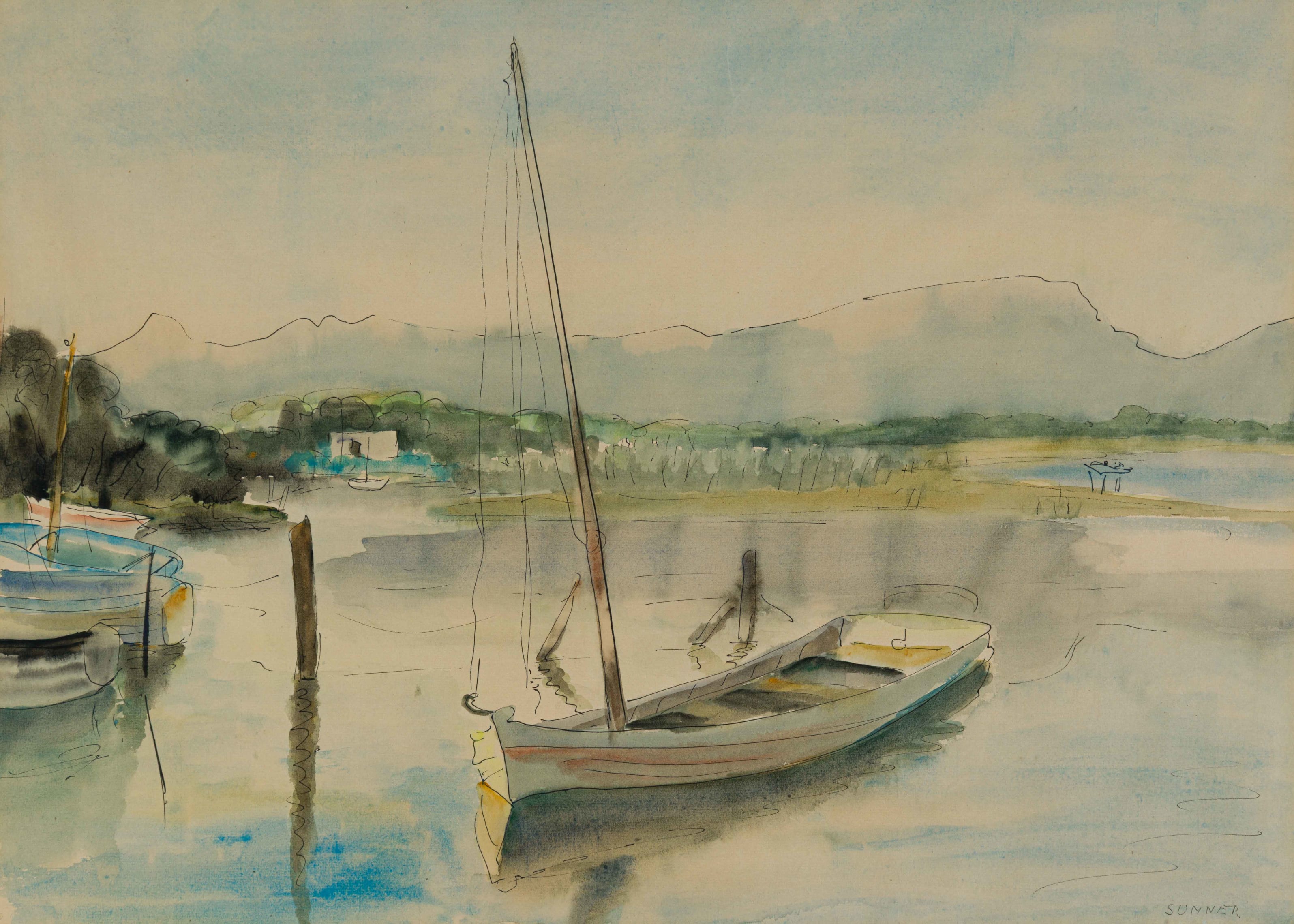 Boat and Distant Mountains by Maud Sumner | Strauss & Co