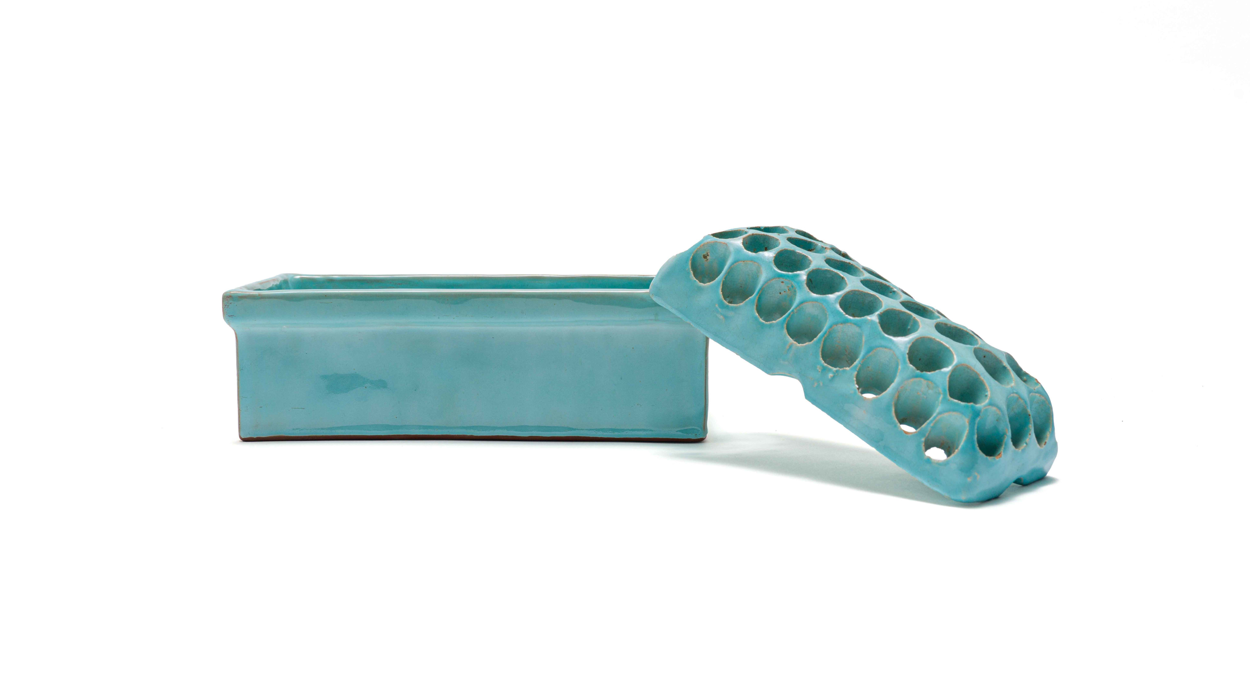 Blue rectangular trough pot with flower frog by Linn Ware | Strauss & Co