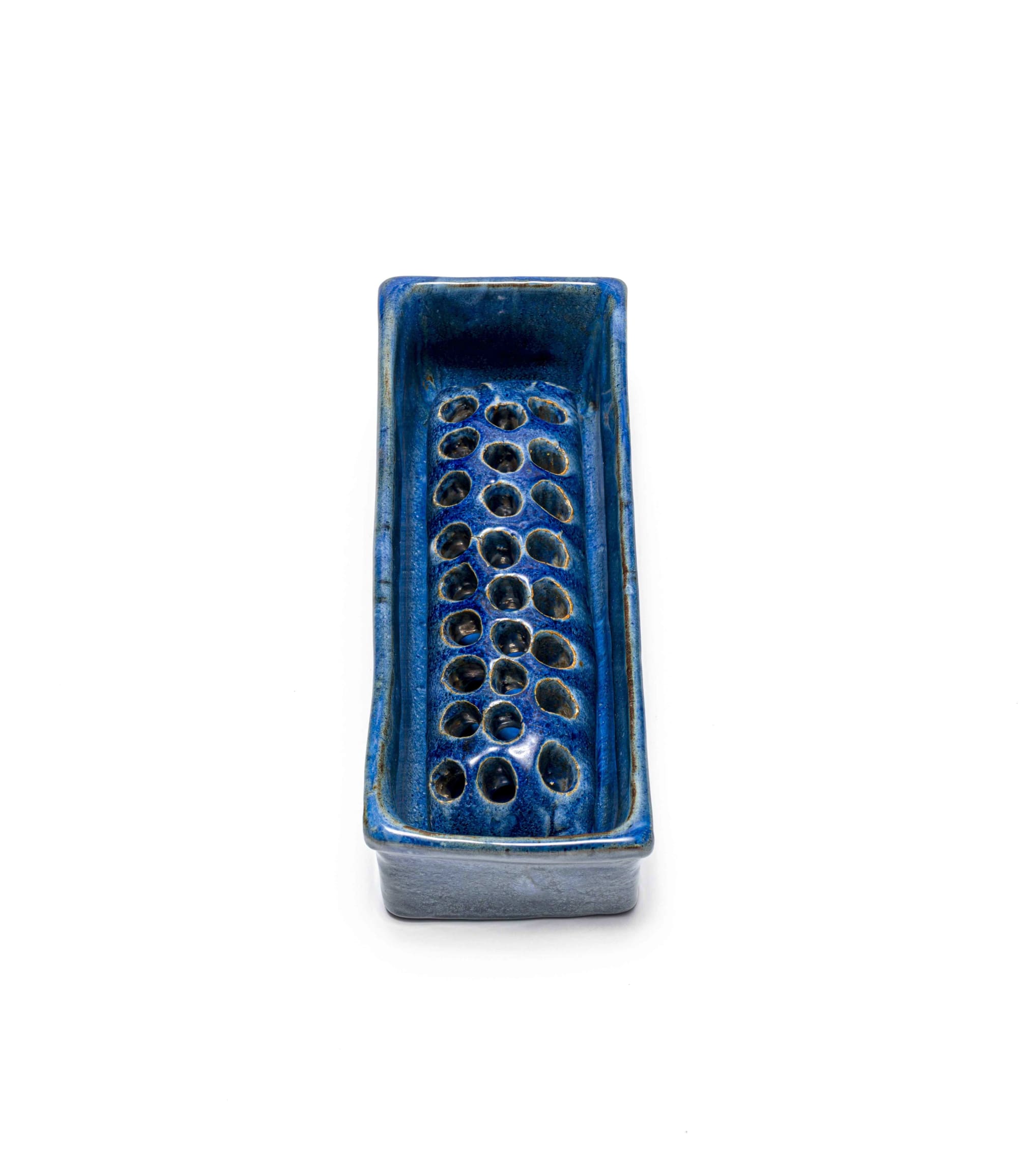 Blue rectangular trough with flower frog by Linn Ware | Strauss & Co