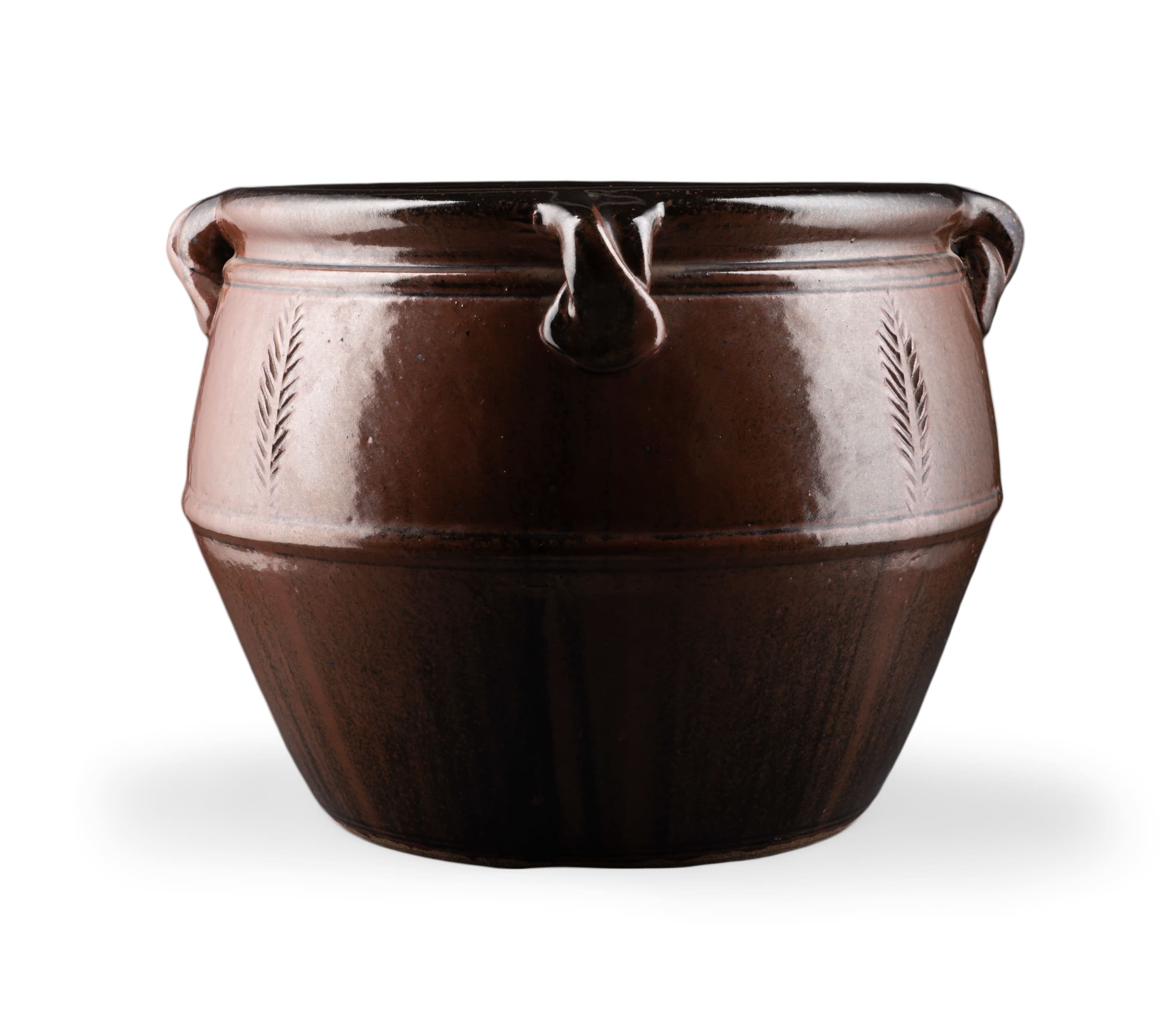 Urn shaped pot with incised leaf motifs and four lugs by Digby Hoets ...